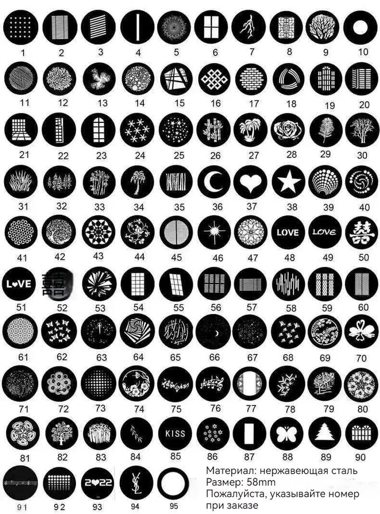 1 шт(по выбору номера), Маска Гобо металлическая формата для создания светового рисунка, круглый,58мм