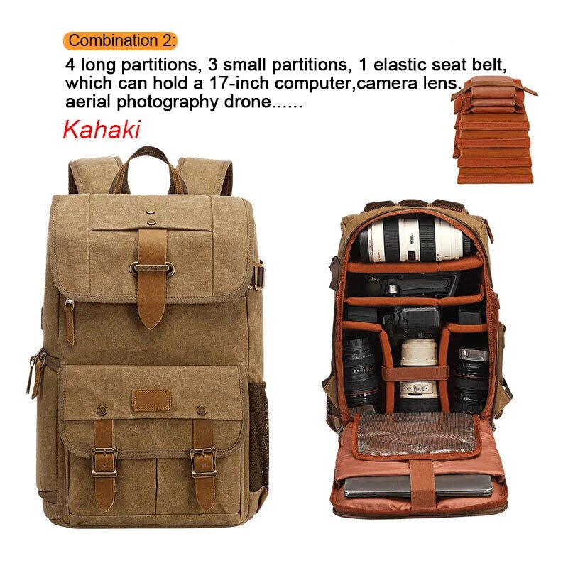 Рюкзак для фотоаппарата Canon Nikon, холст, хаки Kahaki 2