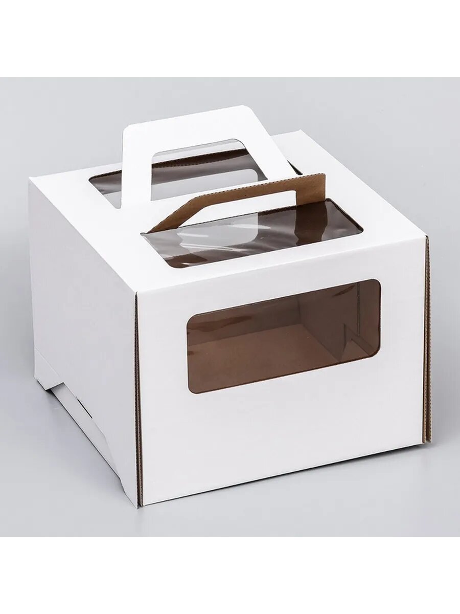 Белая коробка для торта с окнами и ручками