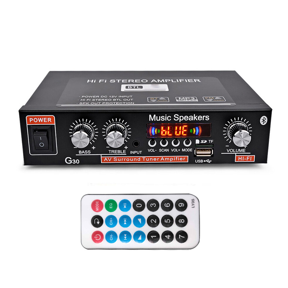 Устройство для усиления звука бытовой G30 BT Цифровой аудиоплеер Hi-Fi Стерео Портативный усилитель звука, DC Вход: 12V 3A, Номинальная мощность: 15+15W, Сопротивление нагрузки: 4-16Ω, SNR: 85dB, Коэффициент искажений: 0.05%, Чувствительность входа: