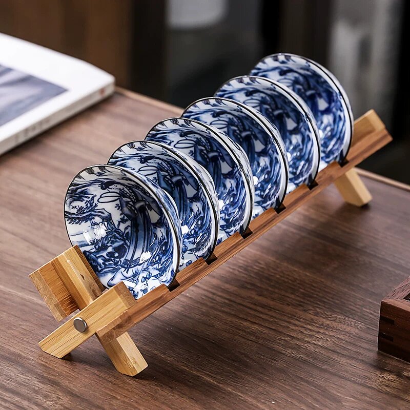Сине-белые конические чашки для кунг-фу чая, набор из 6 штук с подставкой, керамические чашки с полноцветной имитацией