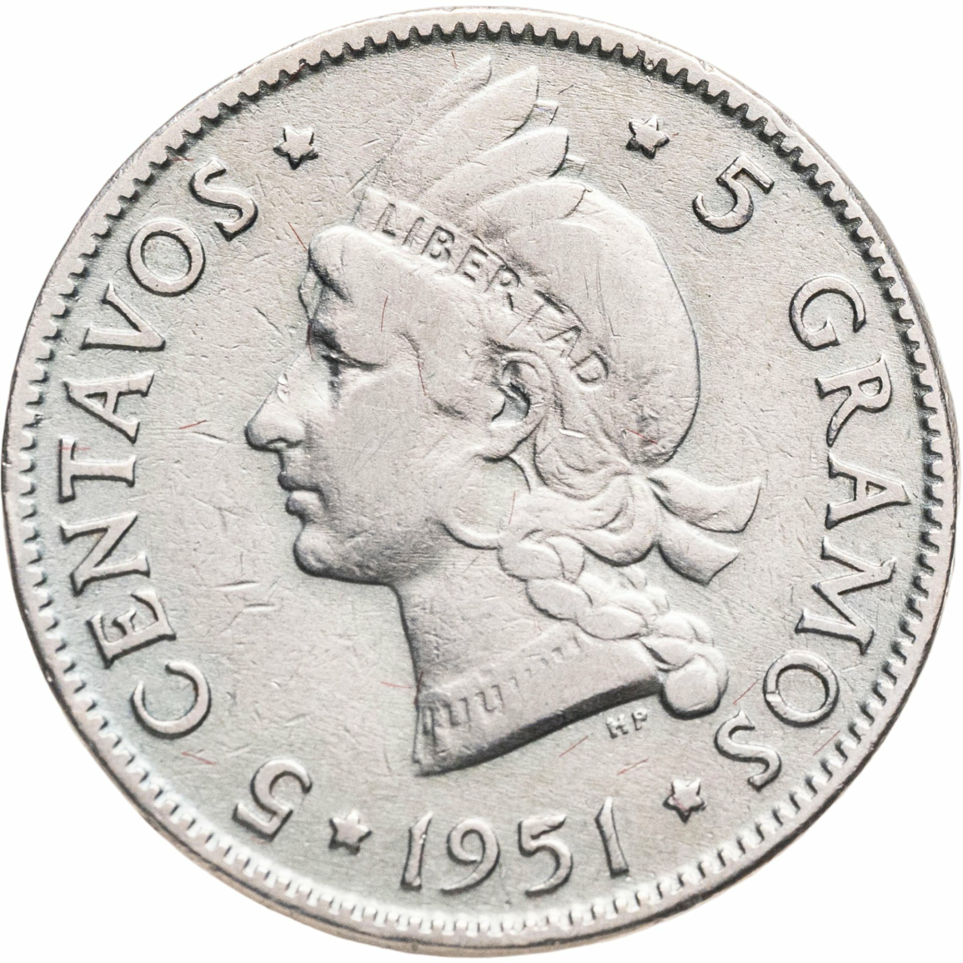 Доминикана 5 сентаво centavos 1951, Мельхиор медь-никель, в сохранности VF