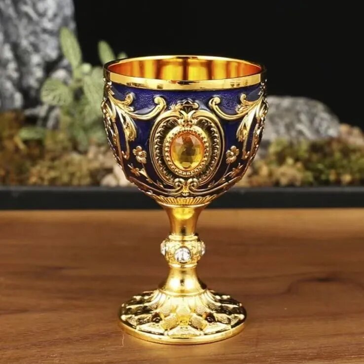 Кружка пивная 49 мл Золотой бокал для вина с синей эмалью и камнем 7 см Подарочная упаковка