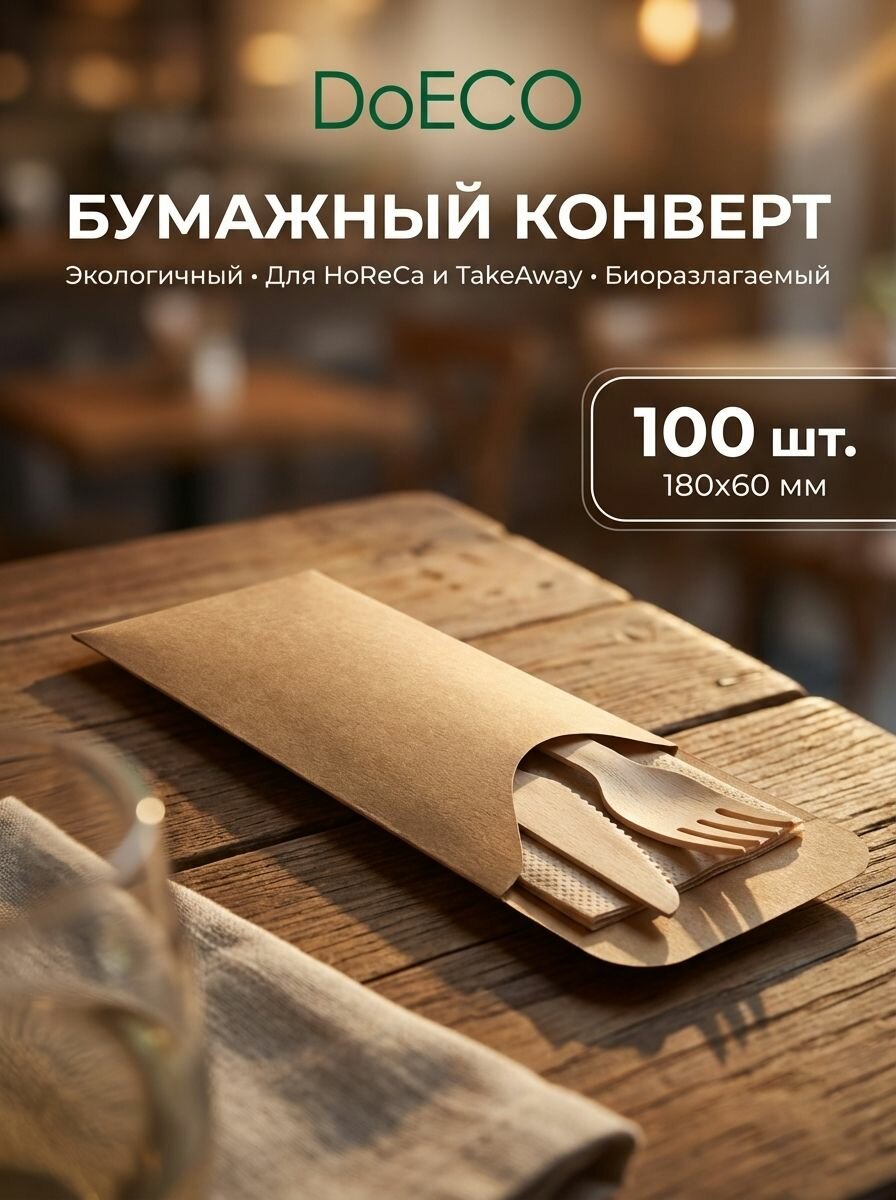 Бумажный конверт для столовых приборов DoECO POCKET чехол для ложки и вилки 180х60 мм, 100 шт.