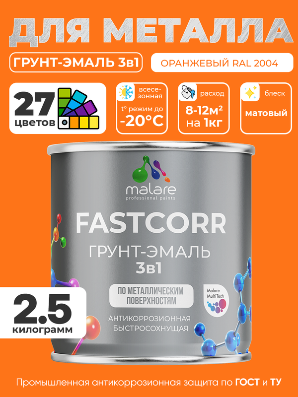Грунт-эмаль по ржавчине 3 в 1 Malare FastCorr краска для металла, антикоррозионная износостойкая быстросохнущая RAL 2004, оранжевый, матовая, 2,5 кг.