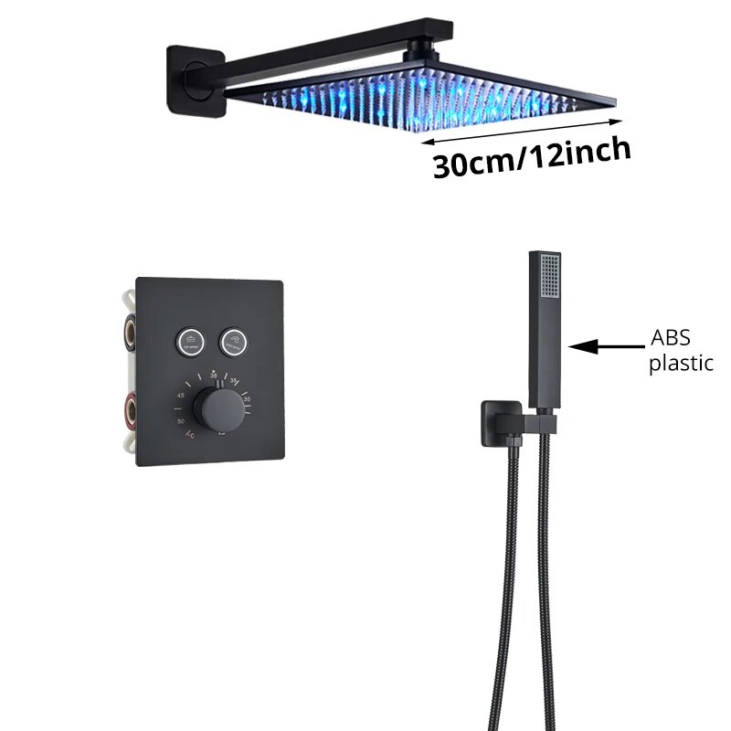 Роскошный черный термостатический смеситель для душа в ванной комнате с дождевым душевоего головкой, настенной смесителем для ванны, душевоего комплекта Wall-2-Way-12-inch LED