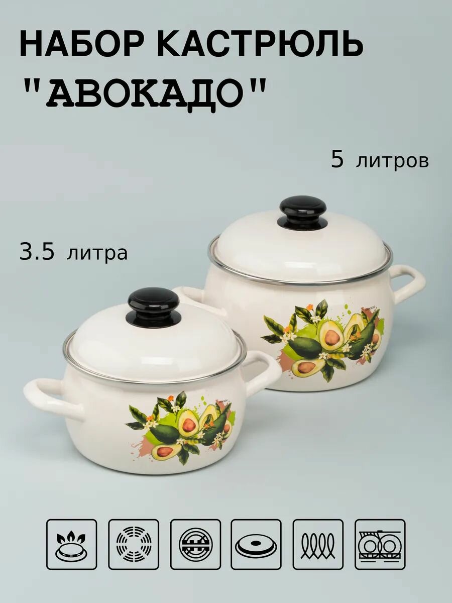 Кастрюля эмалированная 3.5 и 5 литров Авокадо