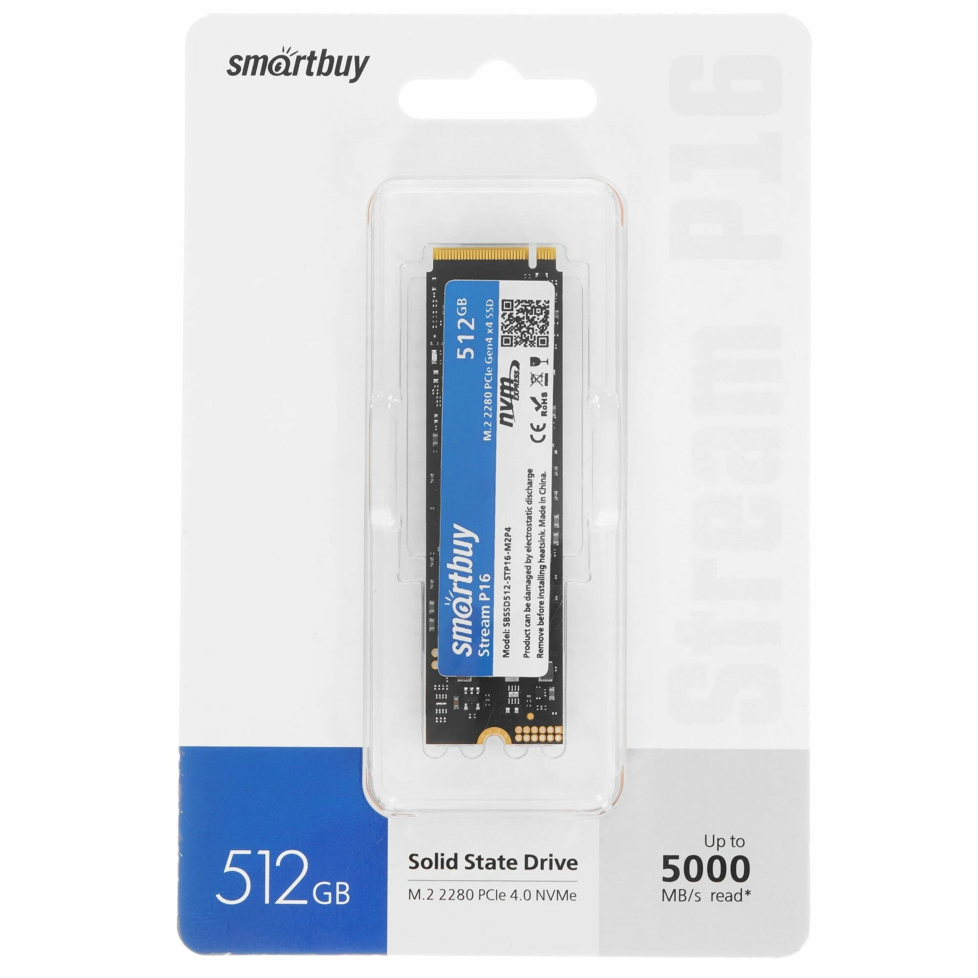 512 ГБ M.2 NVMe накопитель Smartbuy Stream P16 (SBSSD512-STP16-M2P4) - PCI-E 4.0, чтение - 5000 МБ/с, запись - 2600 МБ/c, TBW - 300