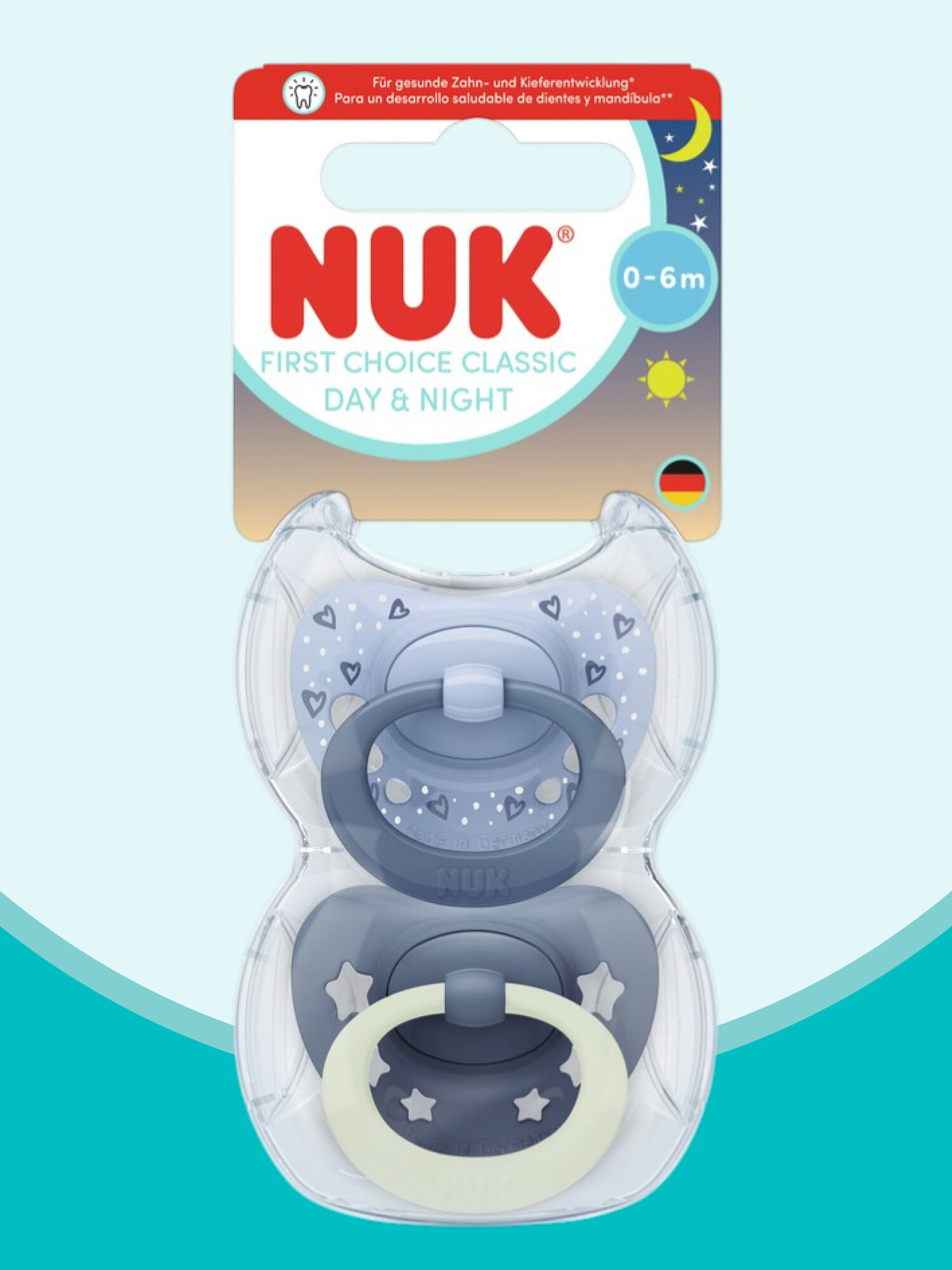 NUK Соски пустышки 0-6 месяцев, 2 штуки в контейнере FC CLASSIC D&N