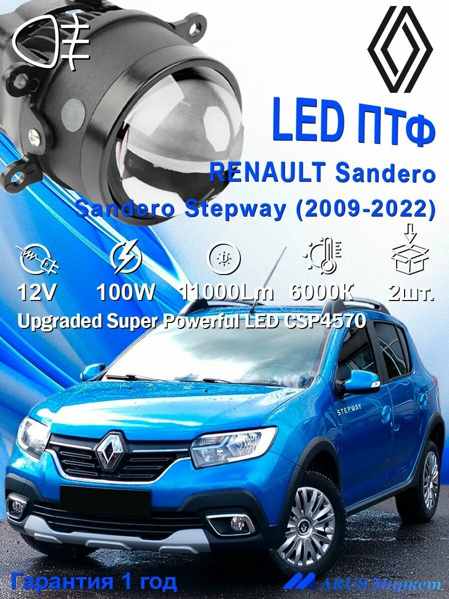 Фары противотуманные RENAULT Sandero / Sandero Stepway (2009-2022) - светодиодные ПТФ линзы 100W, 6000K