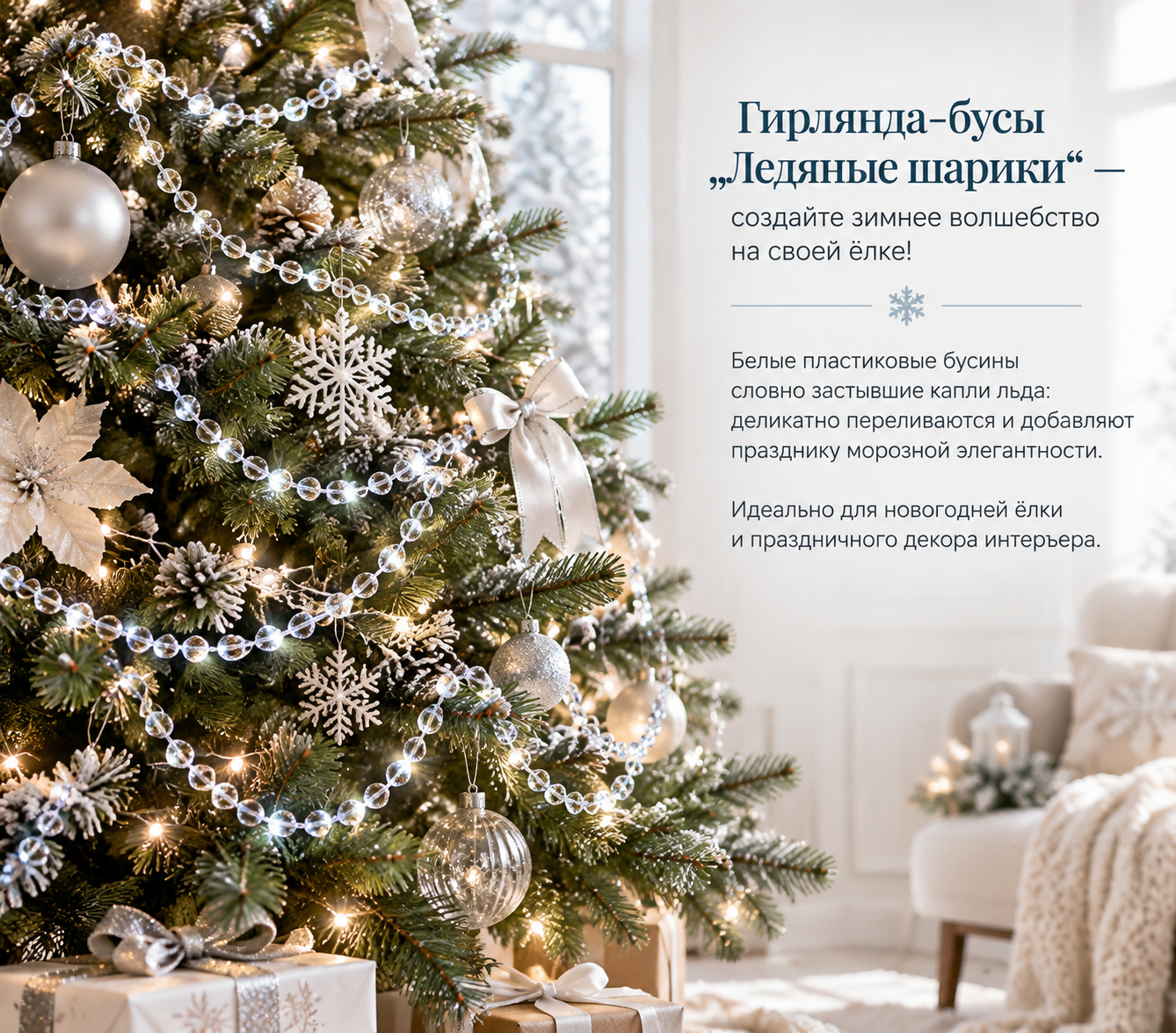 Новогодние бусы‑гирлянда Yiwu Youda «Ледяные шарики»: лёгкий и элегантный декор для ёлки.