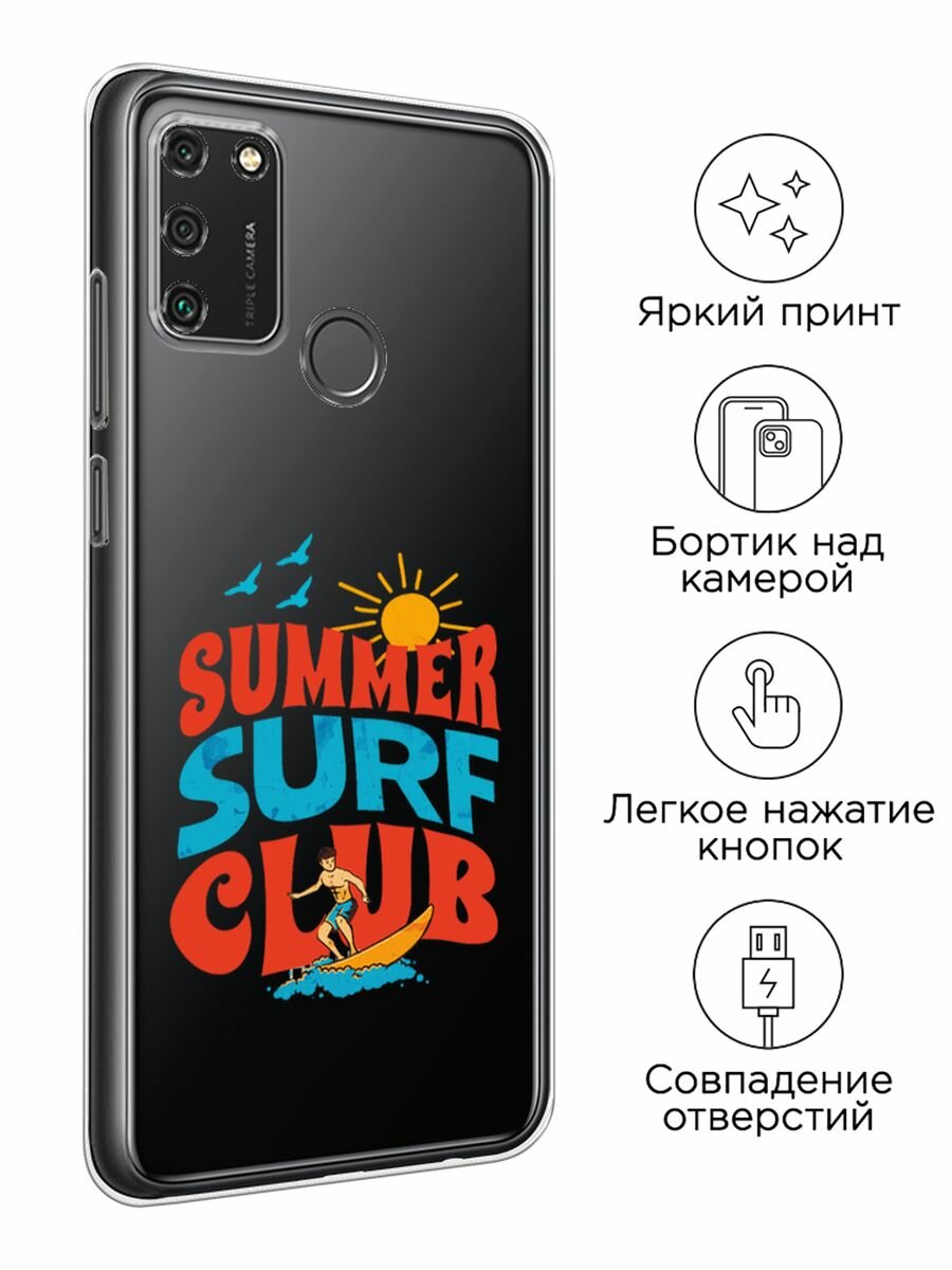 Чехол на Honor 9A / Хонор 9А с принтом "Summer surf club", прозрачный — фото 1