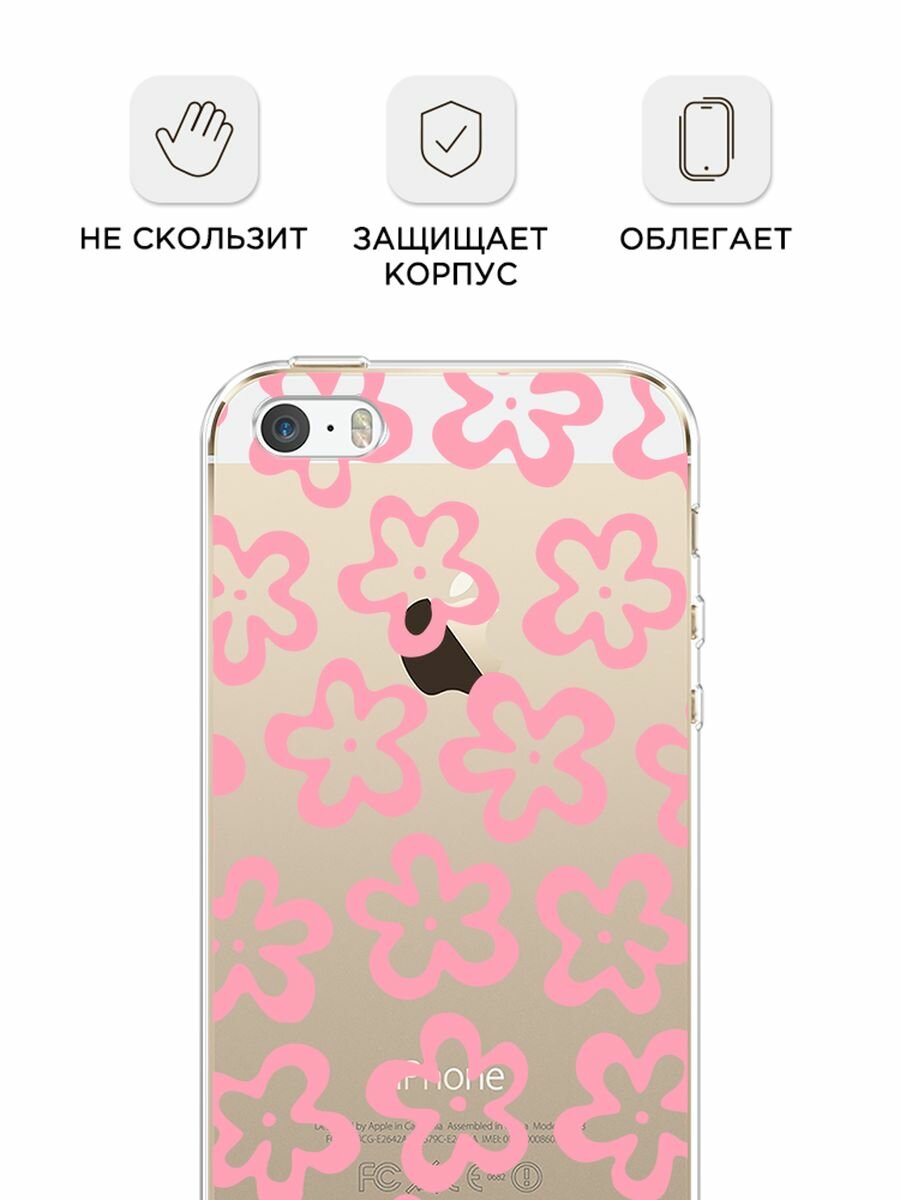 Чехол на Apple iPhone 5/5S/SE / Айфон 5/5S/SE с принтом "Простые розовые цветочки", прозрачный — фото 1