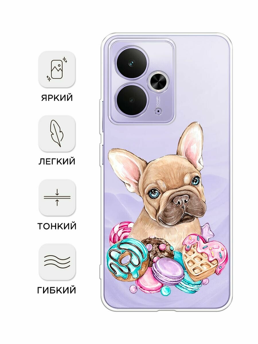 Чехол на Realme 14T / Реалми 14Т с принтом "Бульдог и сладости", прозрачный — фото 1