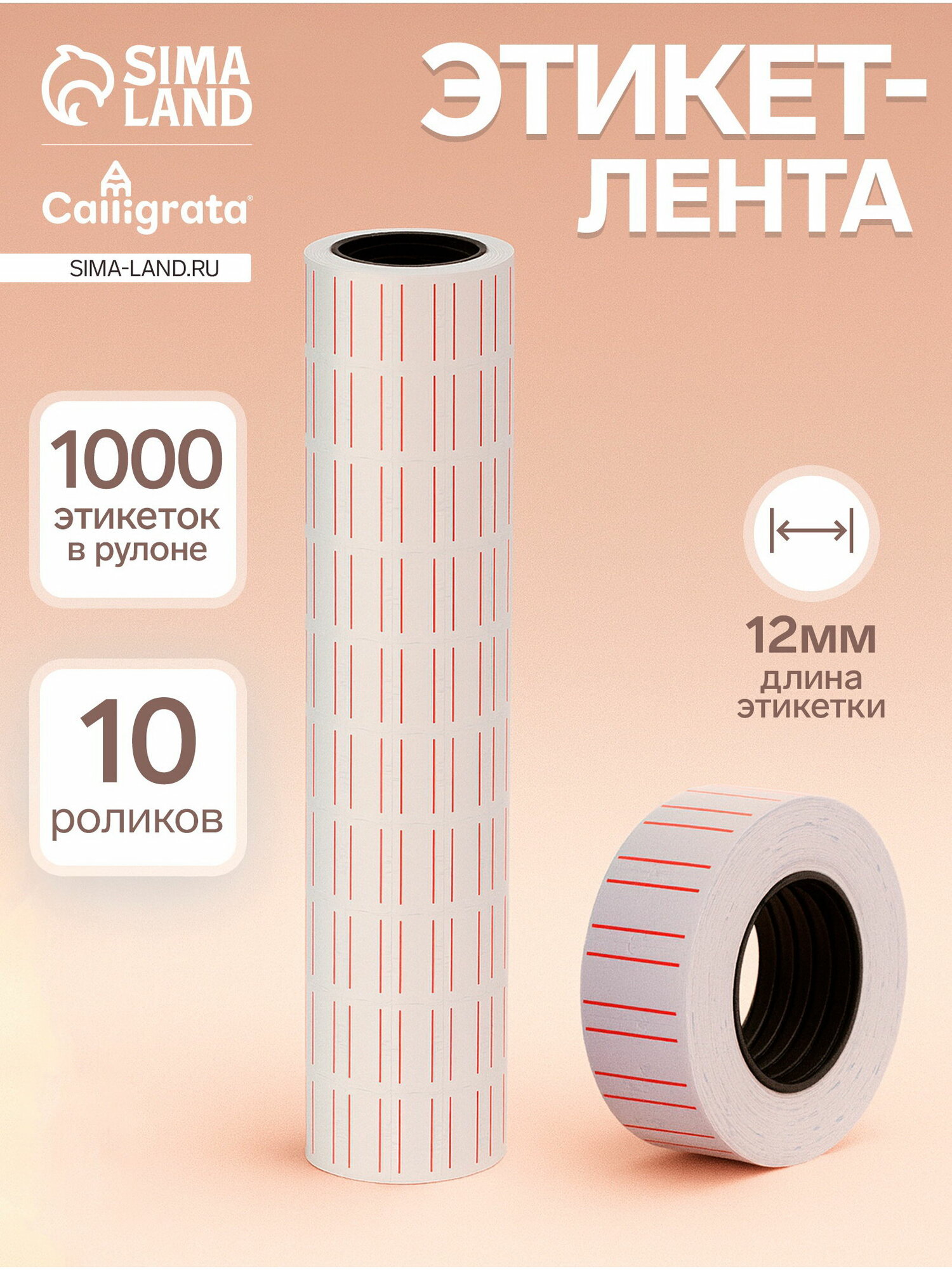 Этикет-лента 21x12 мм, прямоугольная, белая с красной полосой, 1000 этикеток, 10 шт.
