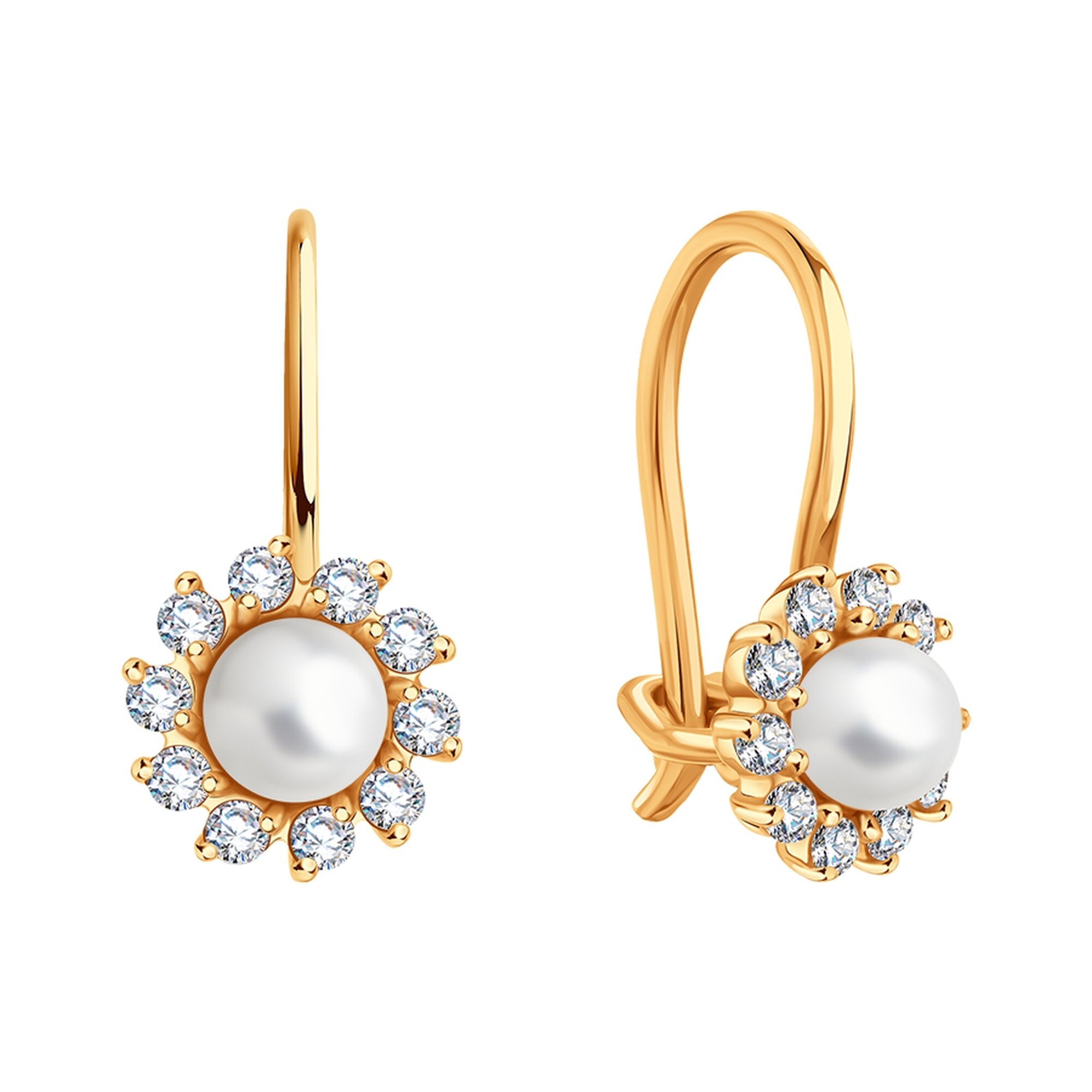 Серьги Diamant online, красное золото, 585 проба, жемчуг, фианит