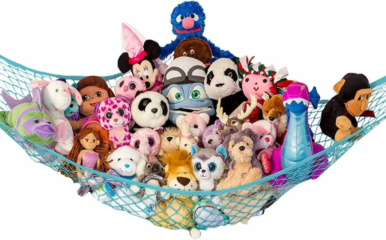 DINGXIAN Подвесной гамак для игрушек угловой, сетка хранения мягких игрушек, вместимость до 5.4 кг, белый