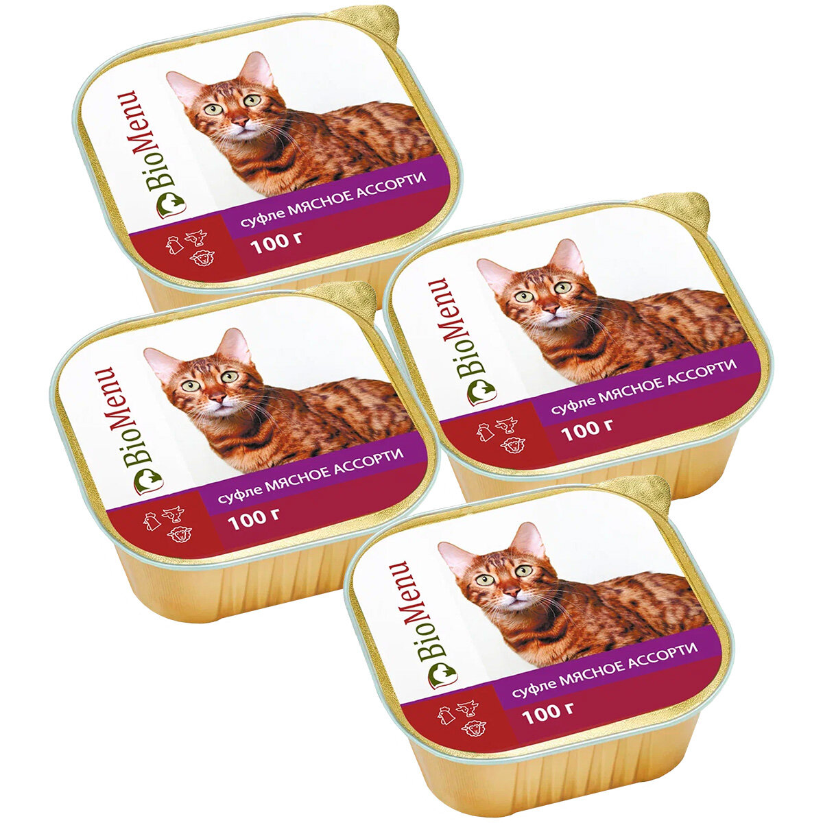 Корм влажный Biomenu для взрослых кошек, суфле с мясным ассорти, 100 г х 4 шт
