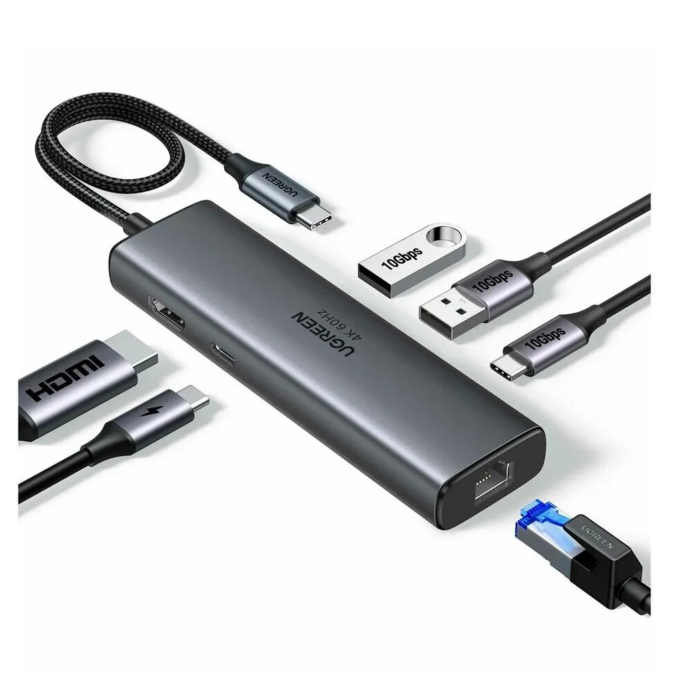 Порт-репликатор UGREEN CM512, USB-C to HDMI, 3*USB, RJ45, серый