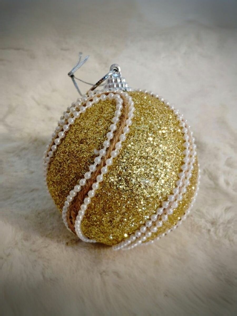 Елочное украшение "Шар золотой новогодний ручной работы с бисером "8см