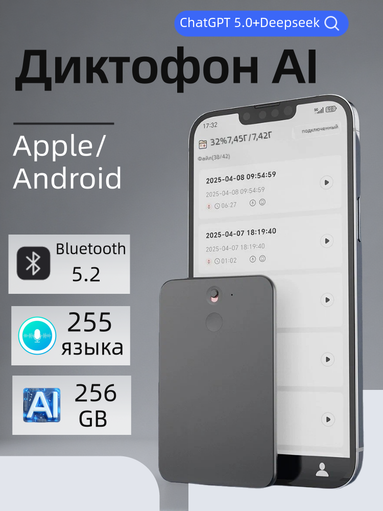 AI Умный Портативный переводчик языка (ChatGPT 5.0 + DeepSeek) — запись, транскрипция, сводка, 256GB,255 языков