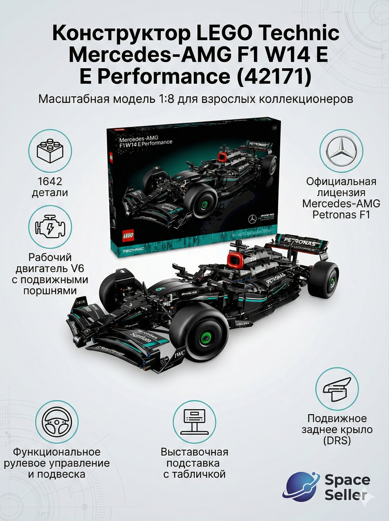 Конструктор LEGO Technic 42171 Mercedes-AMG F1 W14, гоночный болид 1:8, большой набор для взрослых (1642 дет.)