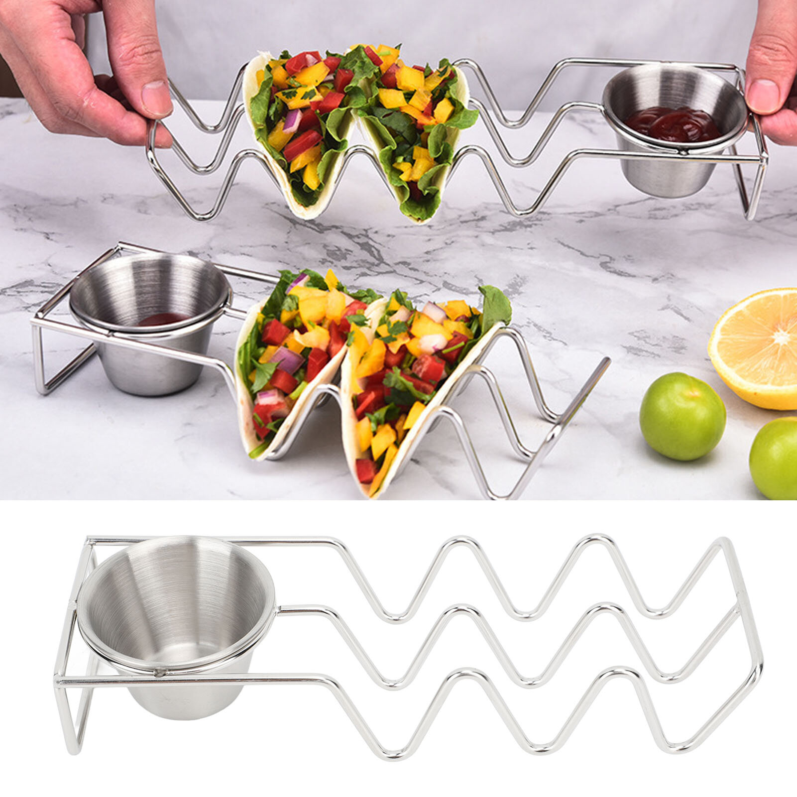 Stainless Steel Taco Holder: 3-Cell with Sauce Bowl for Mess-Free Serving, Durable and Rust-Resistant Stand for Tacos and Crepes, Versatile Kitchen Tool for Home Cooks and Hosts