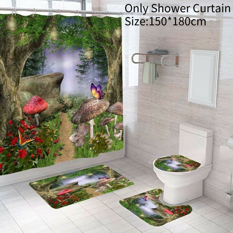 Практический набор штанги для душа с занавеской из PEVA с различными узорами и цветами, Дерево 150*180 см