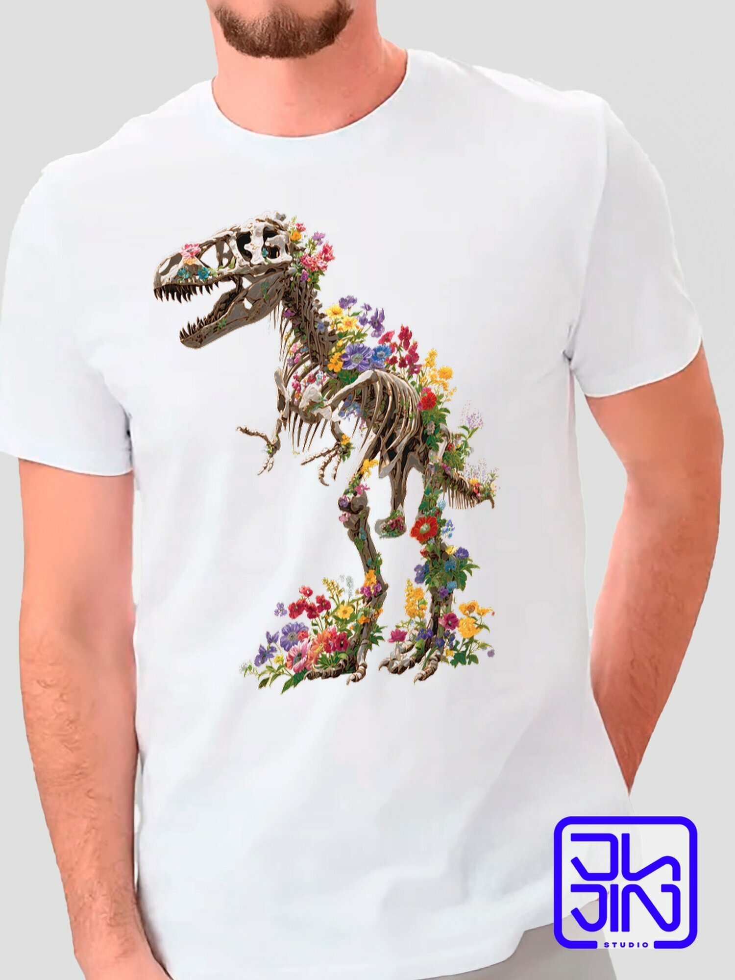 Футболка классическая мужская с авторским принтом Пестрый цветочный динозавр со скелетом в разноцветных ярких цветах, белый хлопковый трикотаж с прикольным рисунком на груди
