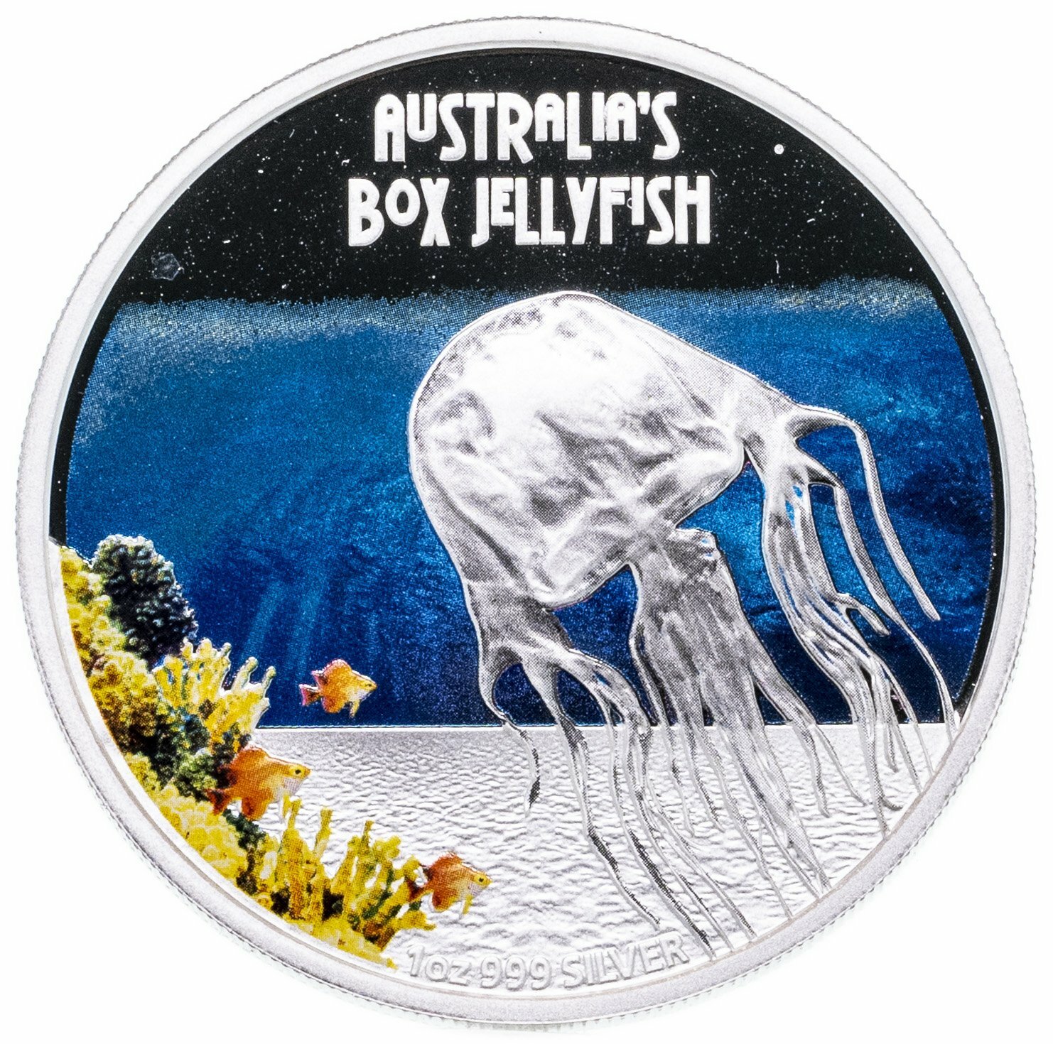 Тувалу 1 доллар 2011 "Опасные животные - Кубомедуза", в футляре с сертификатом, Серебро 999, в сохранности Proof