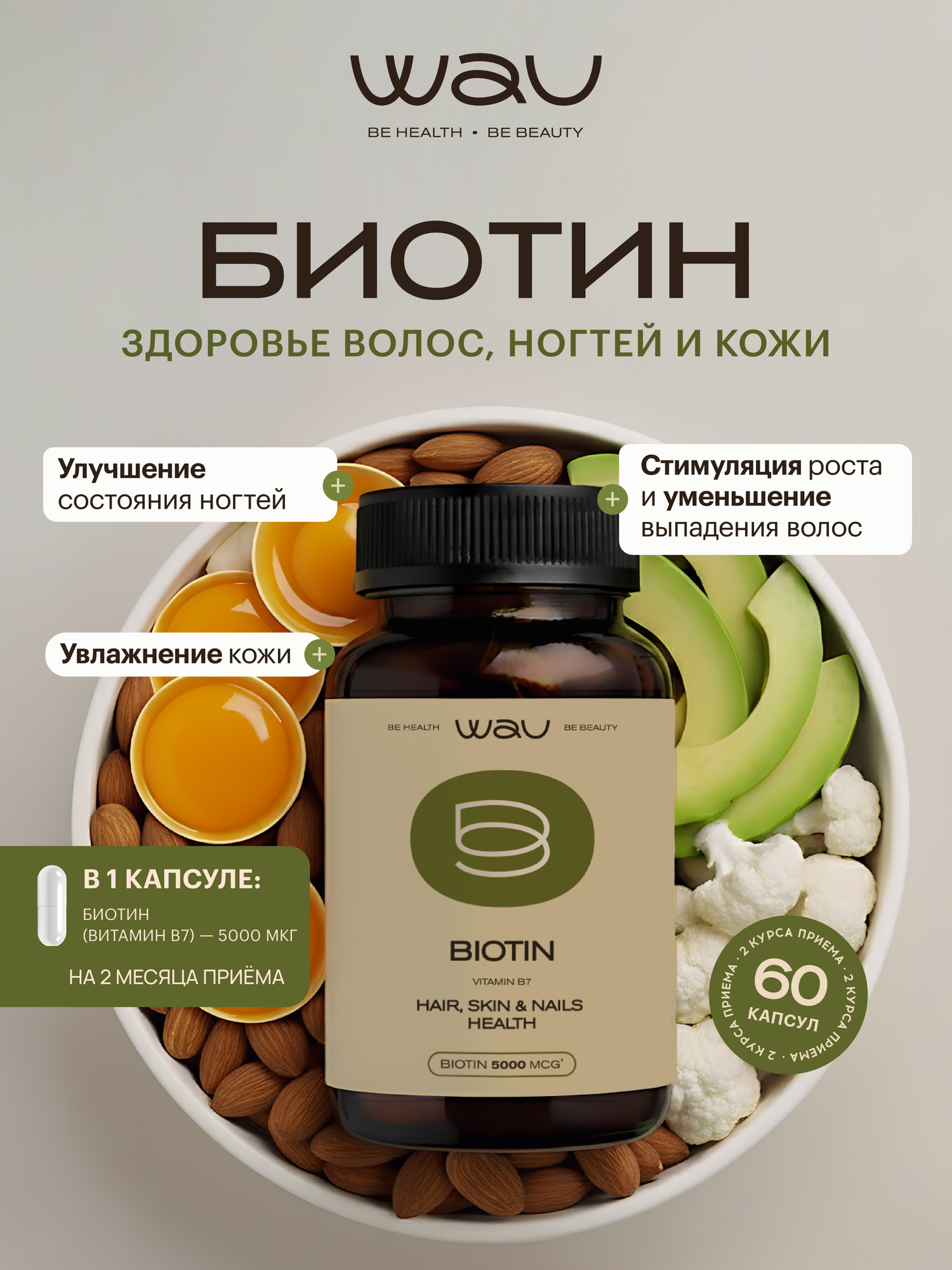 WAU Биотин 5000, Biotin, витамин для волос, кожи и ногтей, 60 капсул