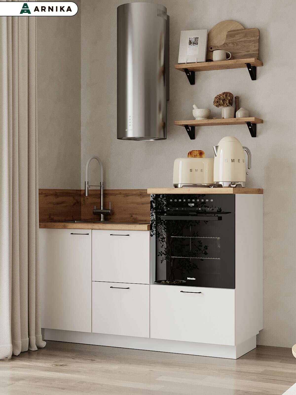 ARNIKA Кухонный гарнитур со столешницей "Дакия" 1,5м х 2,4м, цвет белый, фасад пленка ПВХ