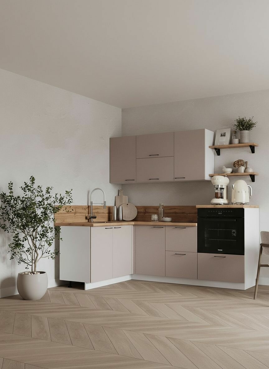 ARNIKA Кухонный гарнитур со столешницей "Дакия" угловой 1,5м*2,1м (без пм) , цвет магнолия (бежевый), фасад пленка ПВХ