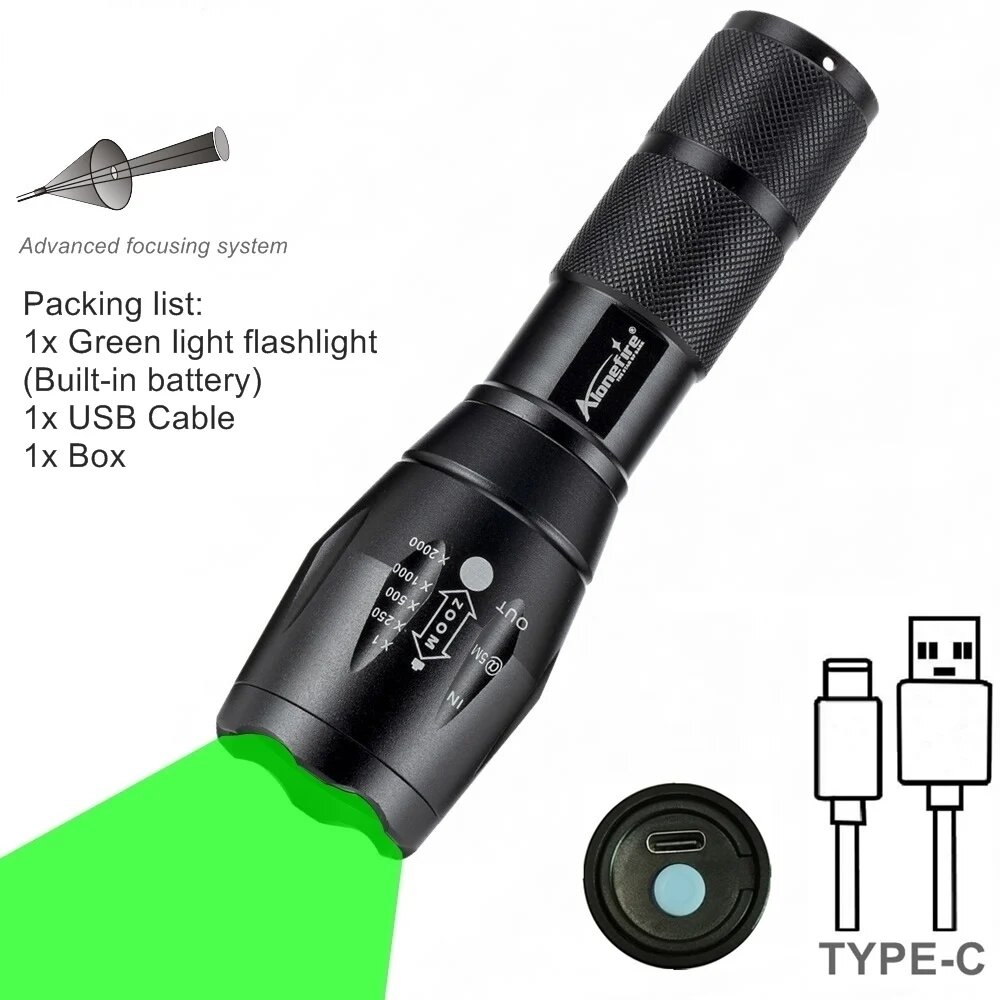 Перезаряжаемый USB-фонарь С Регулируемым Фокусом, Излучающий Зеленый, Green light