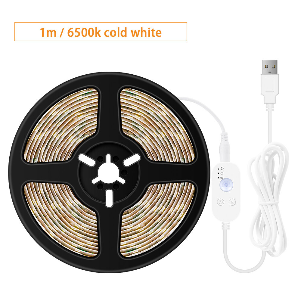 Лента светодиодная USB с регулировкой яркости и датчиком движения PIR, 1м, 60 светодиодов, для фона ТВ, компьютера, стола, дома, кухни, декоративное освещение, 6500K холодный белый или 3000K теплый белый, DC5V, 2835 LEDs, 240 лм/м, IP65