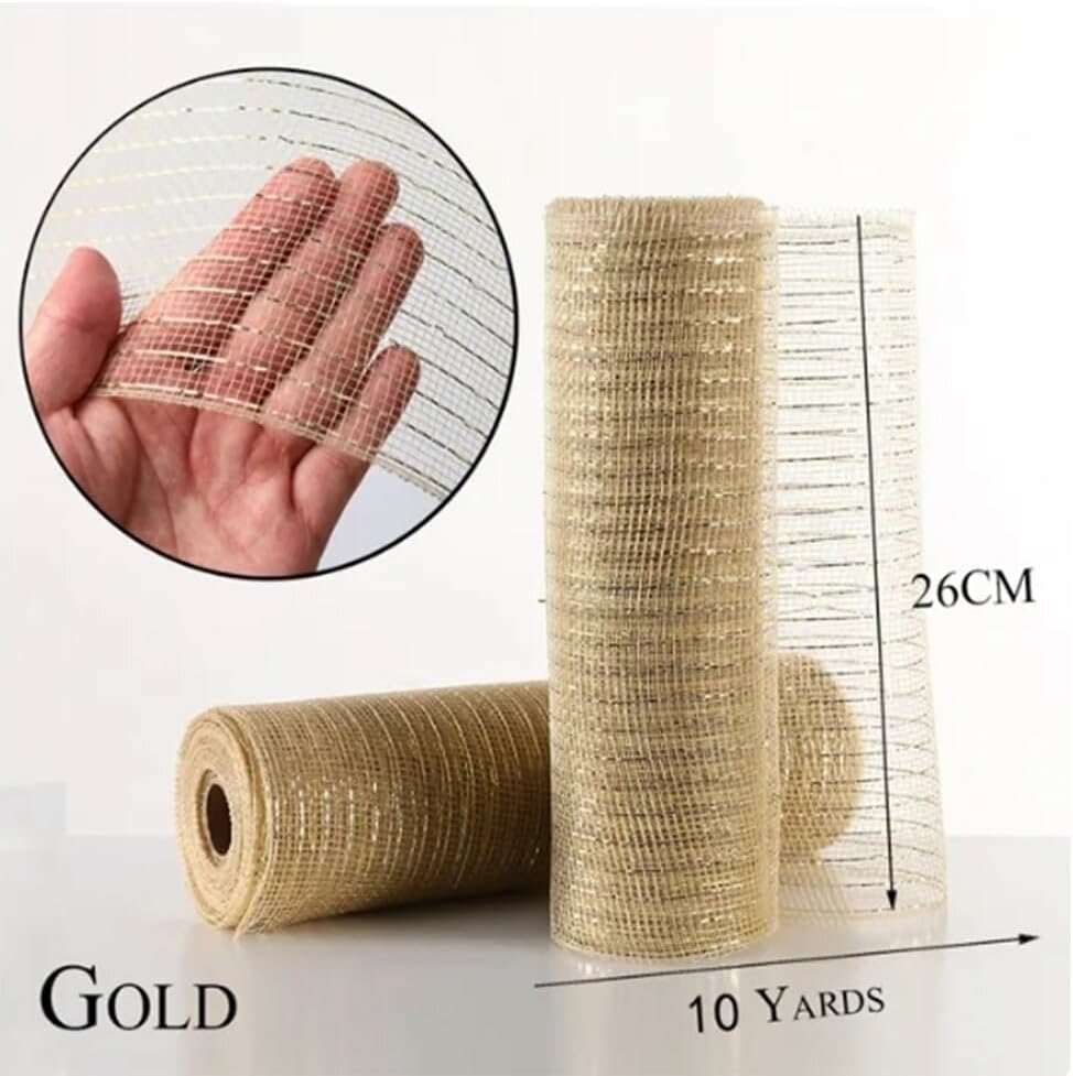 Лента с золотым глиттером, металлическая сетка с проводом для украшения ёлки, гирлянды, венка, банта (10 ярдов x 10 дюймов), рождественские украшения, упаковка подарков, рукодельные венки, украшение помещений, свадеб, вечеринок