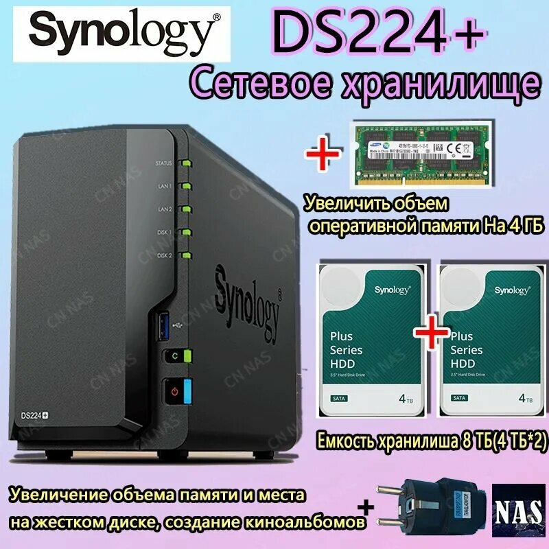 SYNOLOGY Компьютерный корпус Synology DS224+,4TB*2, Расширьте память 4g, черно-серый (Synology DS224+,4TB*2, Расширьте память 4g)