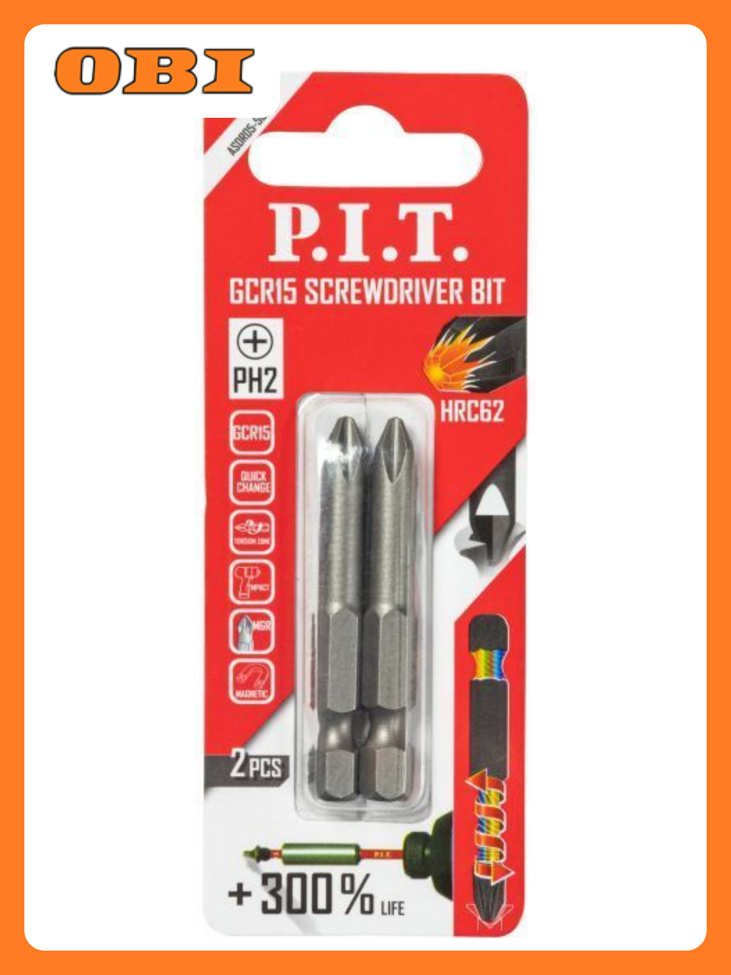 Биты P.I.T. ASDR05-50PH2, сталь GCR15, односторонние, PH2, 50мм, 2шт