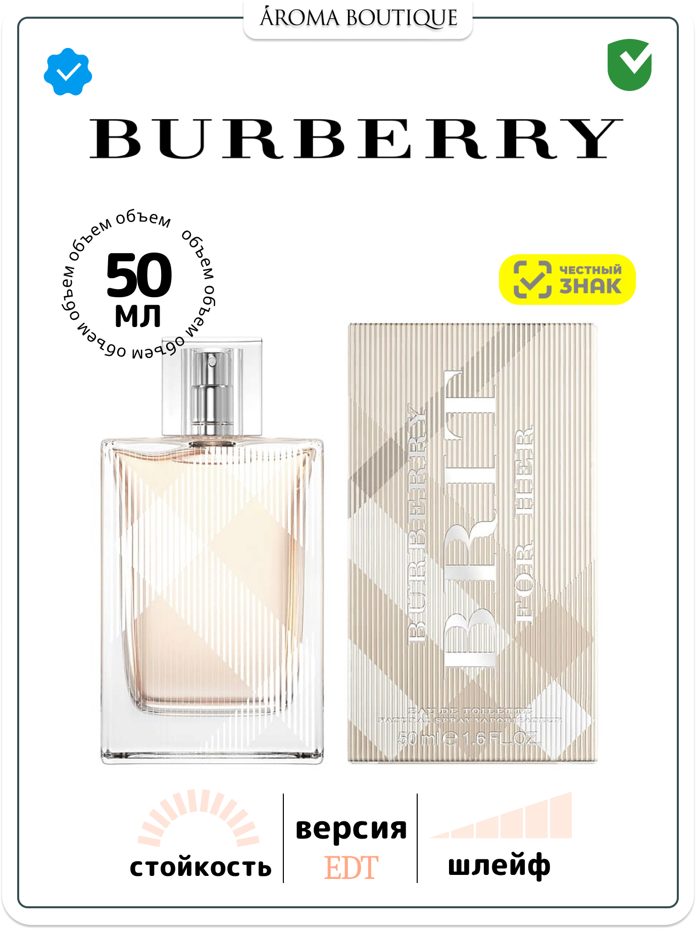 Туалетная вода BURBERRY "Brit", женская, восточные цветочные ноты, 50 мл