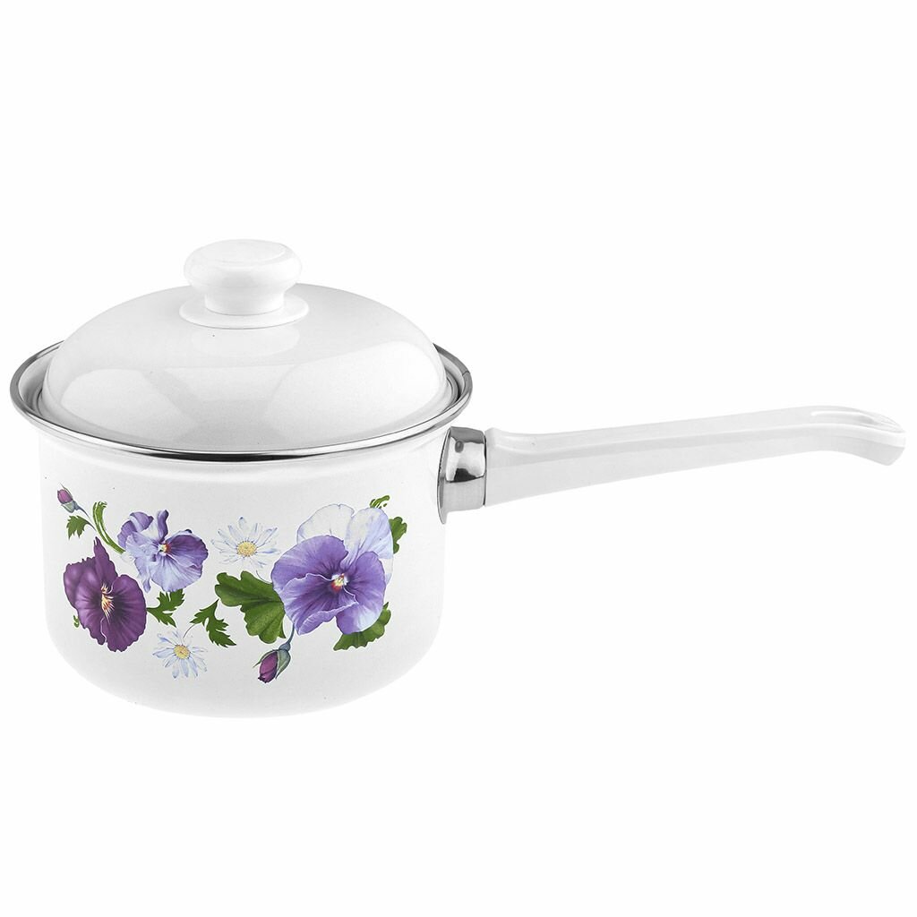 Кастрюля-ковш Лысьвенские эмали "Анютины глазки", эмалированная, 1,5 л, форма цилиндрическая, металлическая крышка (С-1608АП/4)