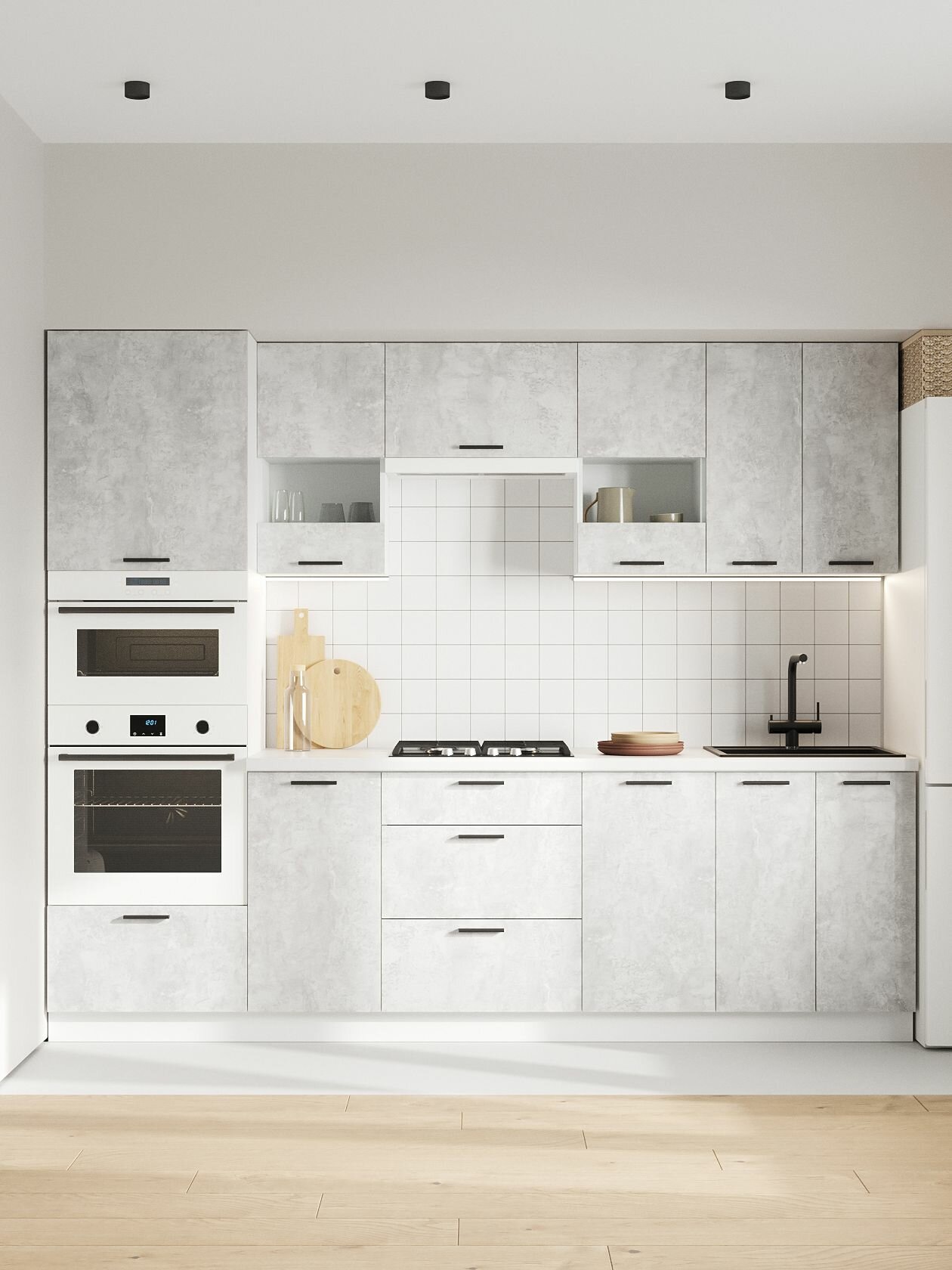 Кухонный гарнитур Урбан 2.6 м, мебель для дома и кухни, Белый / Цемент светлый со стеклом