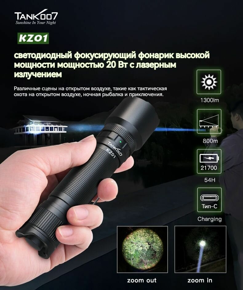 KZ01 Фонарик аккумуляторный светодиодный ручной мощный с зумом фонарь тактический лазерный туристический автомобильный