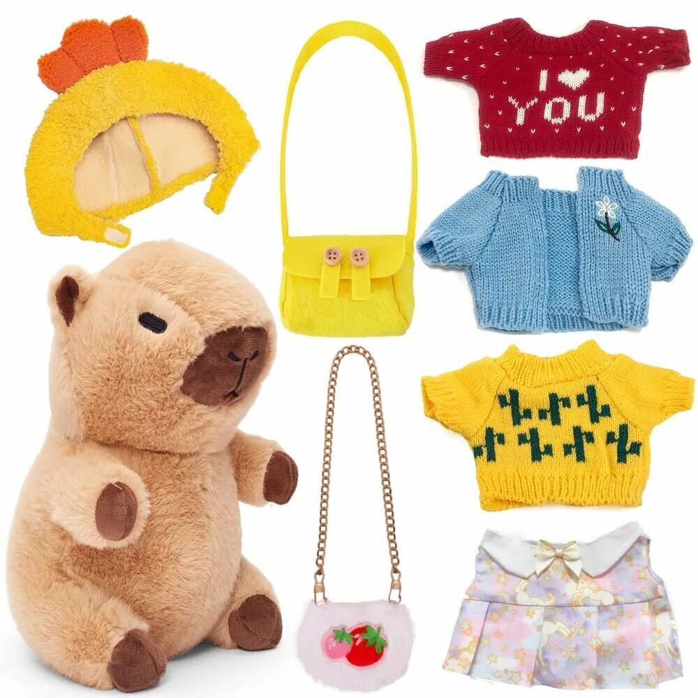 Плюшевая капибара с 7 предметами одежды и аксессуарами, милые плюшевые игрушки-капибары для девочек и мальчиков