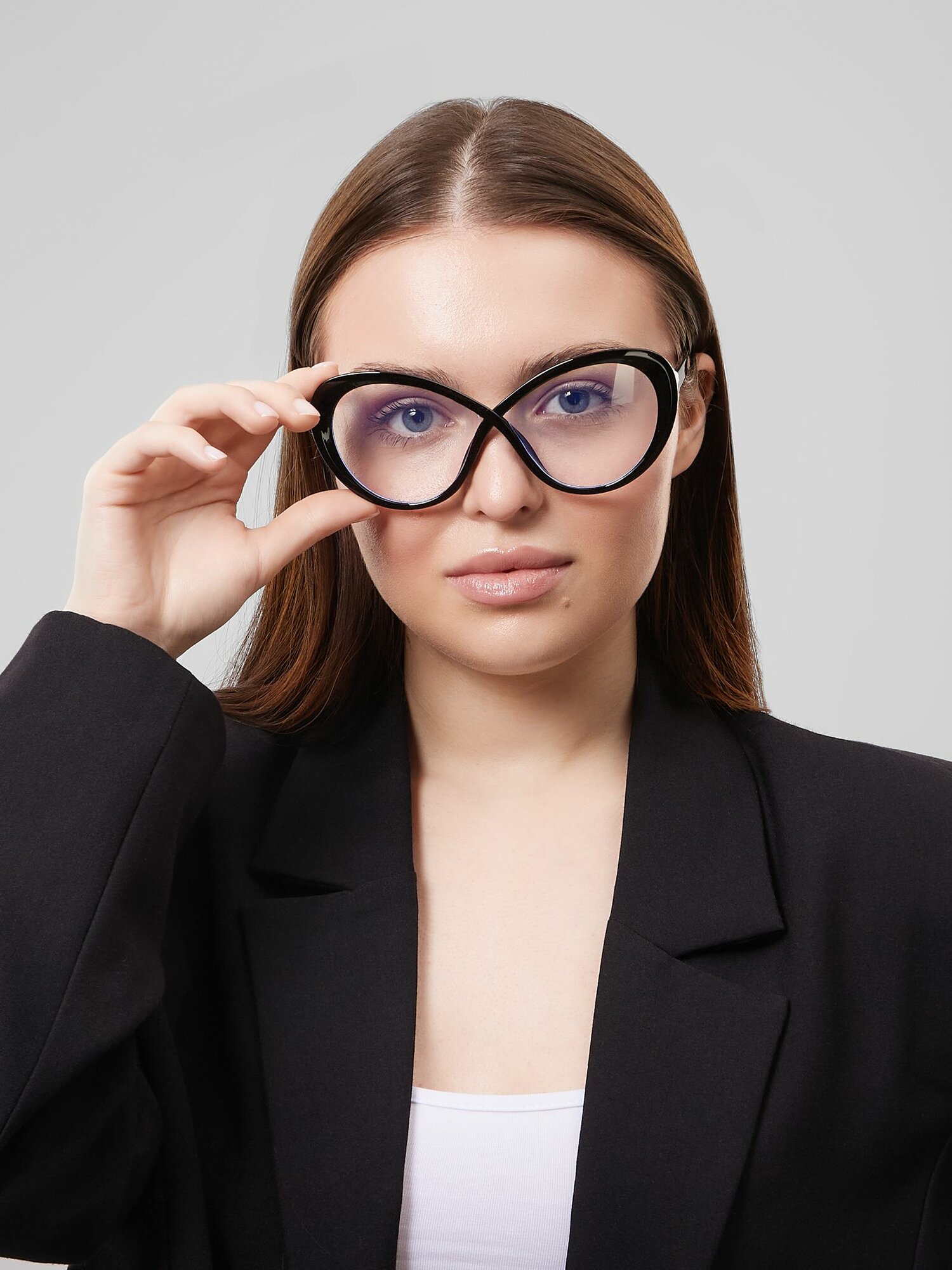 Очки женские имиджевые, прозрачные, дужка 14.2 см, ширина 14.1 см, линза 5.4х6.9 см, черные