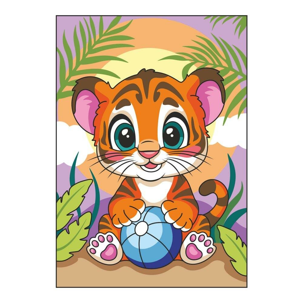 Картина по номерам для детей на картоне 20х30 см "Тигрёнок", набор для творчества с акриловыми красками