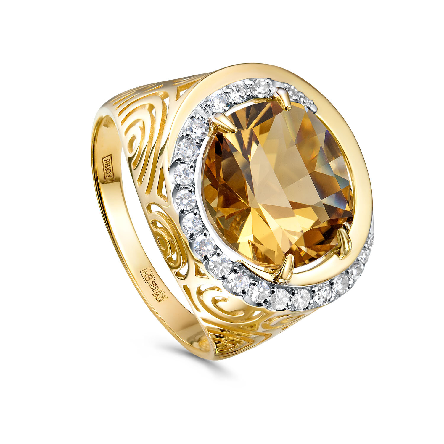 Кольцо, желтое золото, 585 проба, бриллиант, цитрин