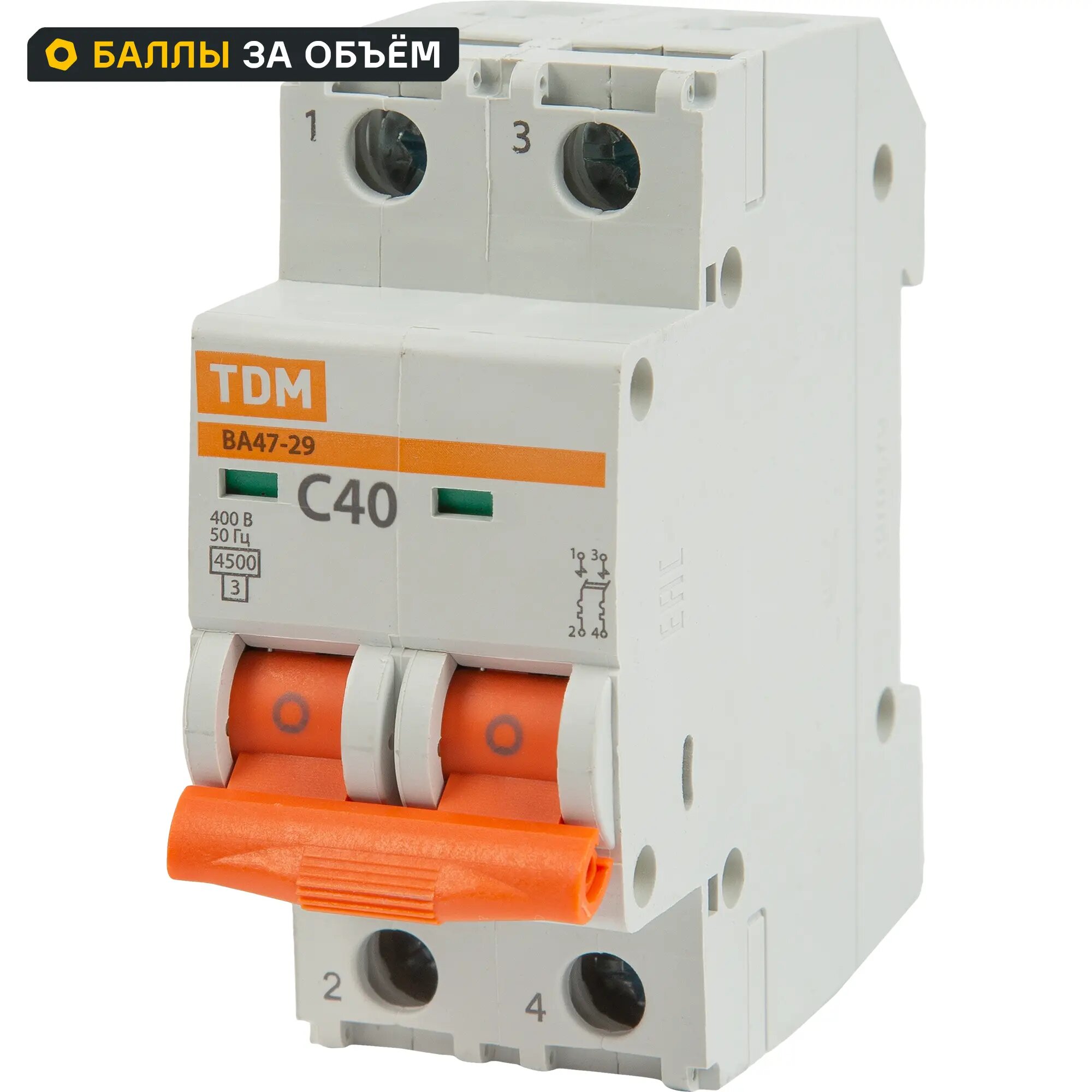 Автоматический выключатель TDM Electric ВА47-29 2P C40 А 4.5 кА SQ0206-0097