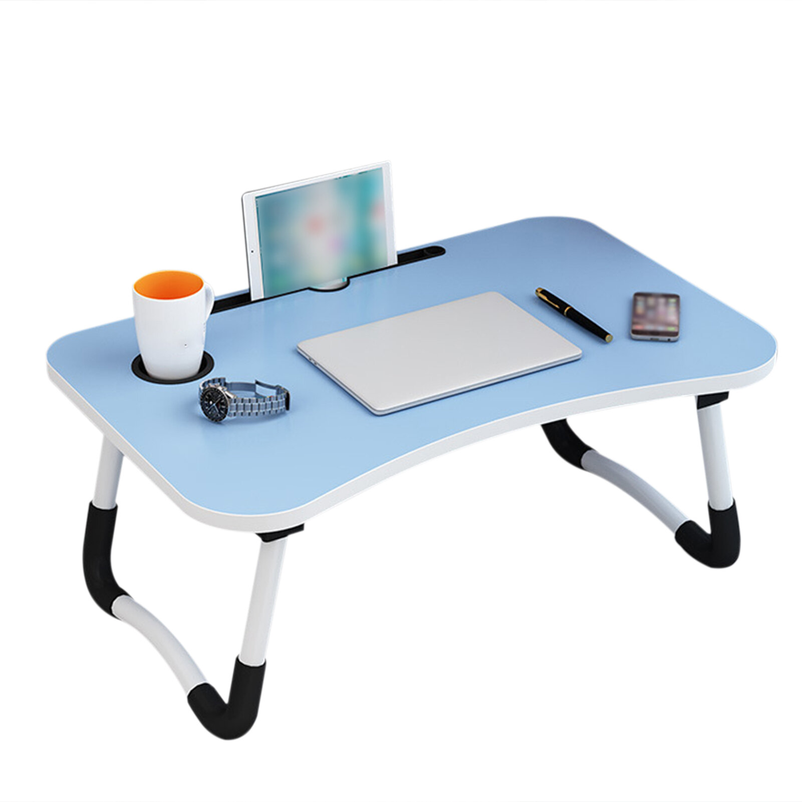Foldable Notebook Desk Multi-Functional No Assembly Portable Writing Table Children Study Computer-Desks with Cup Holder & Slot, Material: wood board, Color: black, blue, green, pink, white maple, burlywood, Package size: 650 * 450 * 55mm, Package