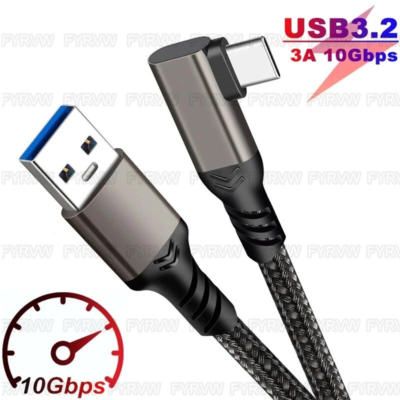 Кабель USB3.1 Gen2 10 Гбит/с Кабель USB A-USB C 3A 60 Вт QC3.0 Быстрая зарядка для жесткого диска Samsung NVMe Внешний кабель Android Data 1 м, Elbow