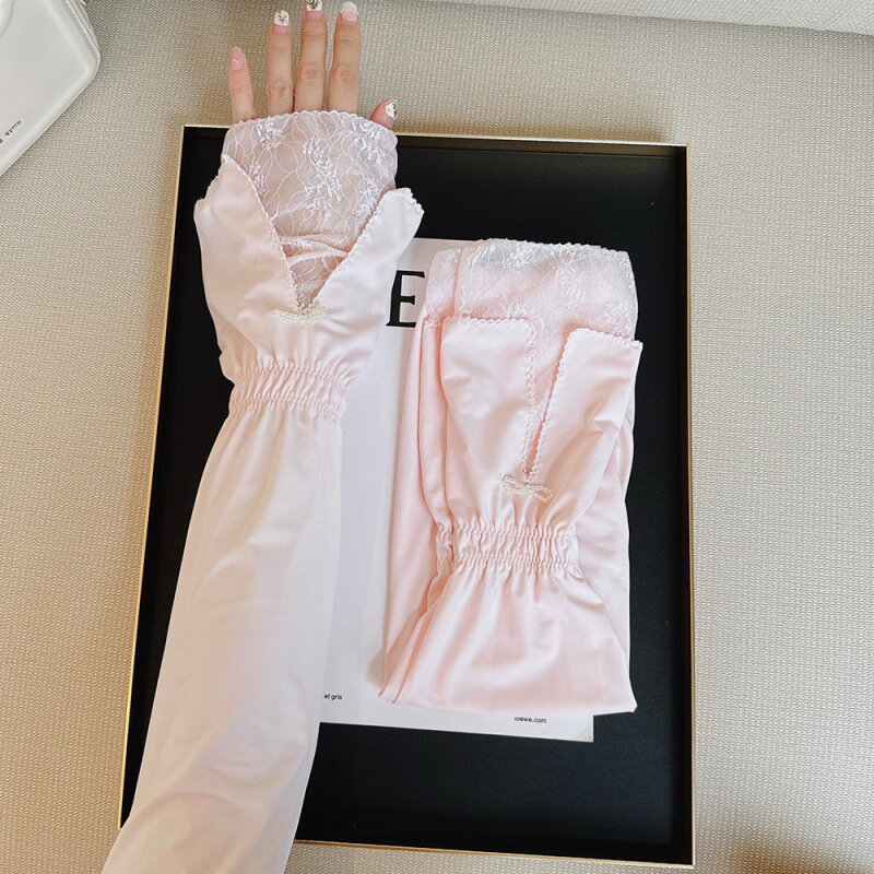 Брендовые нейлоновые ледяные рукава для женщин, длинные рукава с жемчужным кружевом для активного отдыха, французский стиль для лета.